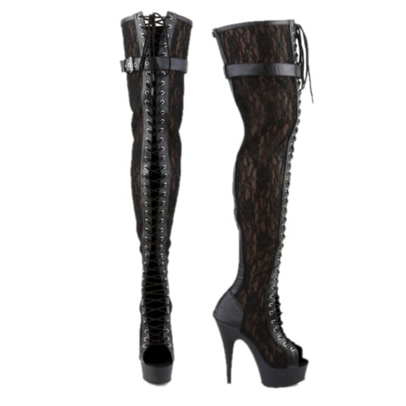 Pleaser | Shoes | Delight 325ml Lace Panel Platform Thigh High Heel ...